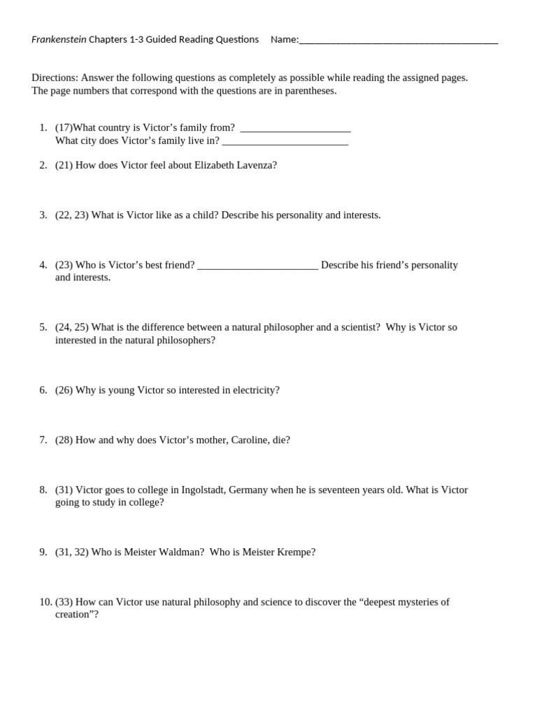 Frankenstein Chapter 1-3 Reading Questions | PDF