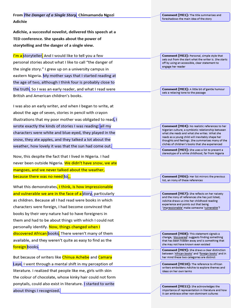 Danger Single Story ANNOTATED | PDF | Linguistics