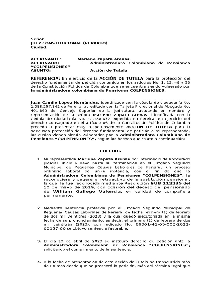 Tutela Violacion Al Derecho de Petición Contra Colpensiones | PDF ...