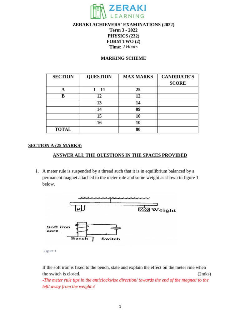PHYSICS FORM 2 - Marking Scheme | PDF | Mirror | Sound