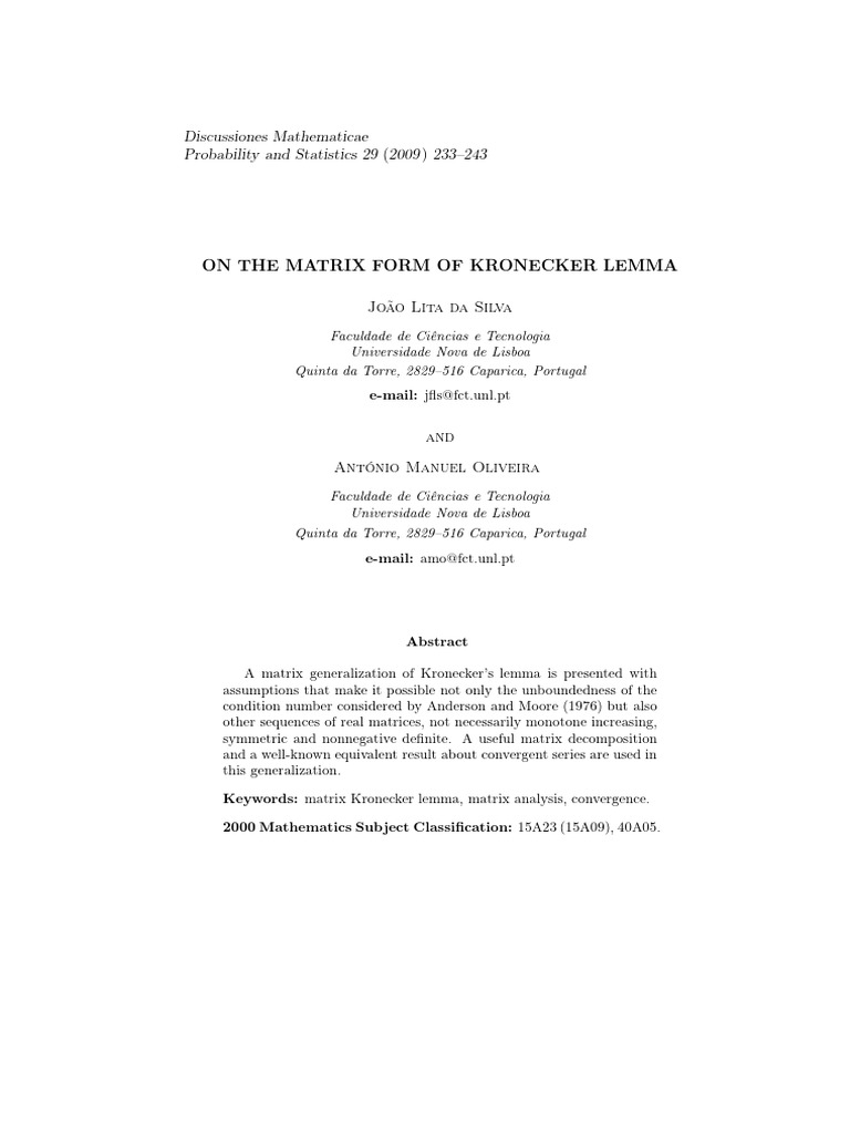 On The Matrix Form Of Kronecker Lem Pdf Matrix Mathematics Eigenvalues And Eigenvectors