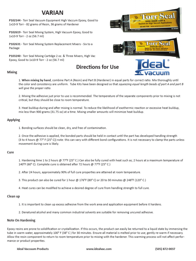Torr Seal Epoxy Application Guide | PDF | Epoxy | Adhesive