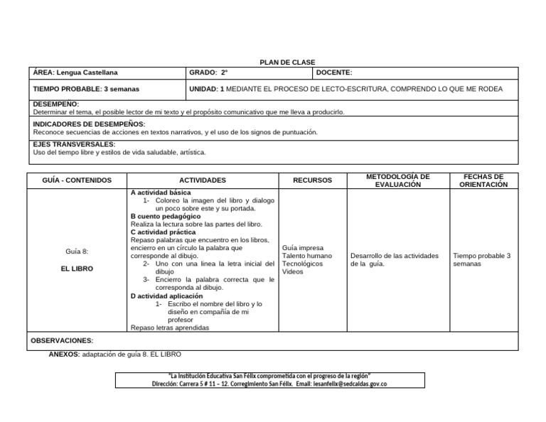 PLAN DE CLASE GUIA LENGUA CASTELLANA Ok | PDF | Maestros | Dibujo