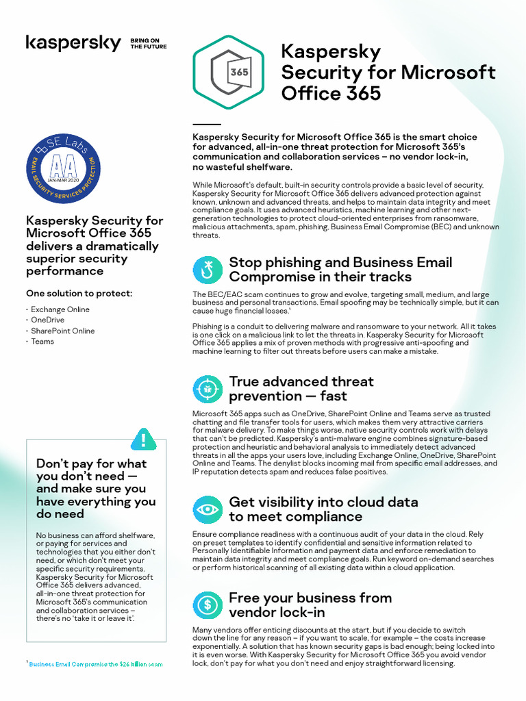 Kaspersky-Security-For-Microsoft-Office-365-Datasheet EN | PDF | Phishing | Computer Security