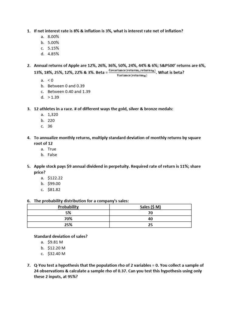 Quant exercices 251024 | PDF | Arithmetic Mean | Normal Distribution