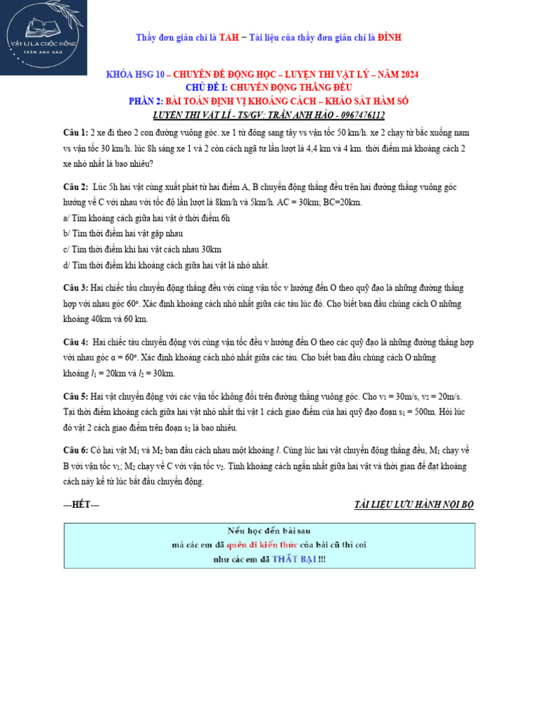 HSG 10 - CƠ 1.2-chuyển động thẳng đều | PDF