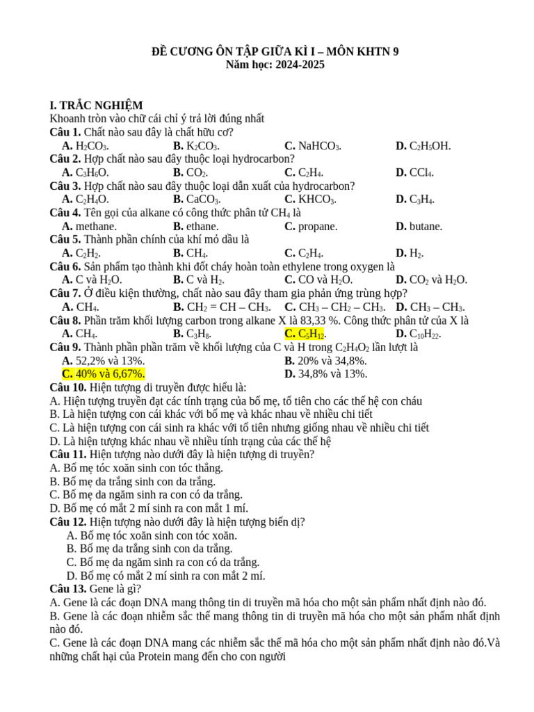 De Cuong - GK 1 - KHTN 9 - 2024 - 2025 | PDF