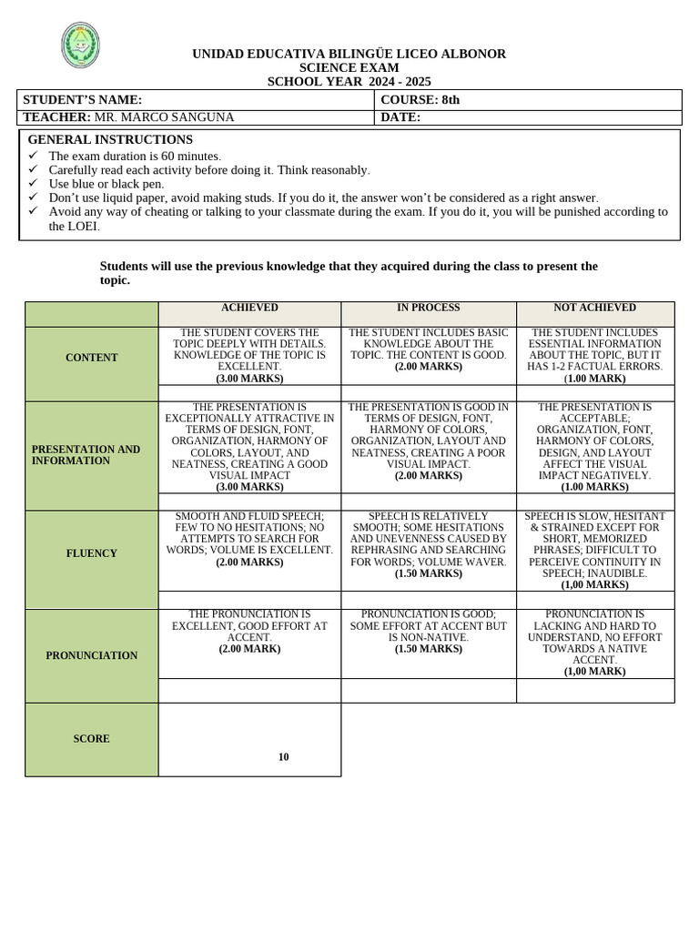 Science Exam Rubric 8th | PDF | Accent (Sociolinguistics) | Behavior ...
