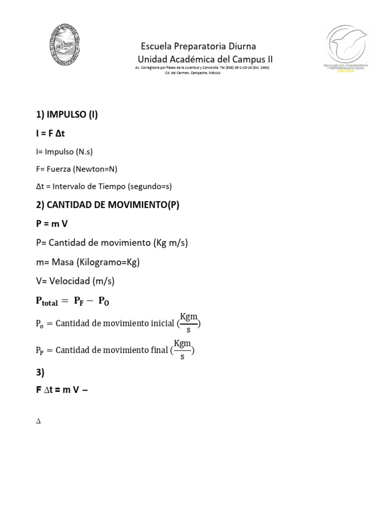 FORMULARIO-IMPULSO Y CANTIDAD DE MOVIMIENTO-2024 | PDF