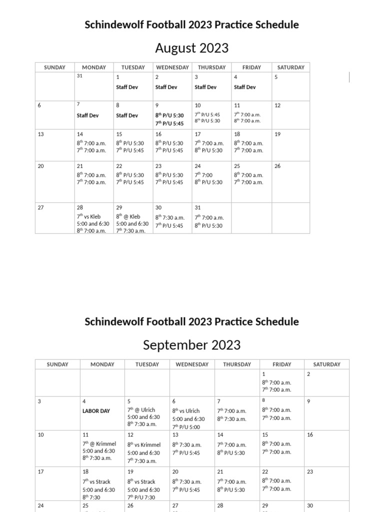 Practice Schedule 2023 Football | PDF