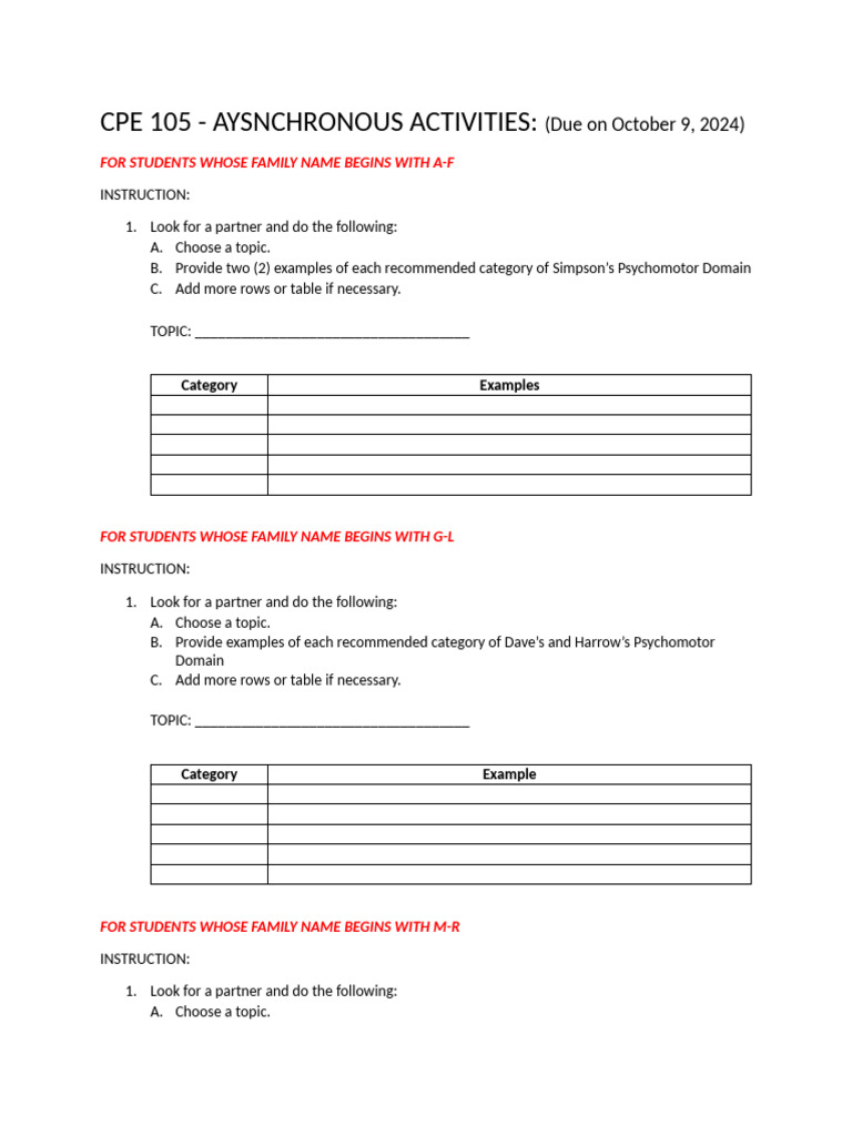 Psychomotor Skills Asynchronous Activities | PDF