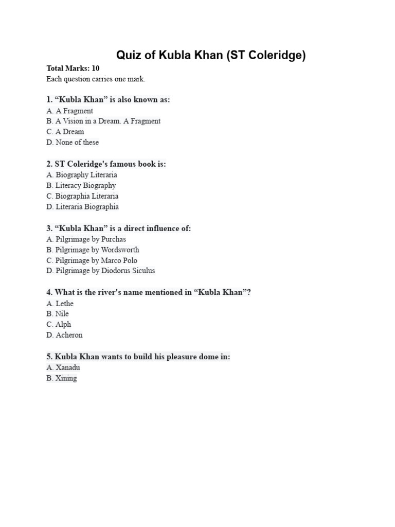 Quiz of Kubla Khan (ST Coleridge) | PDF
