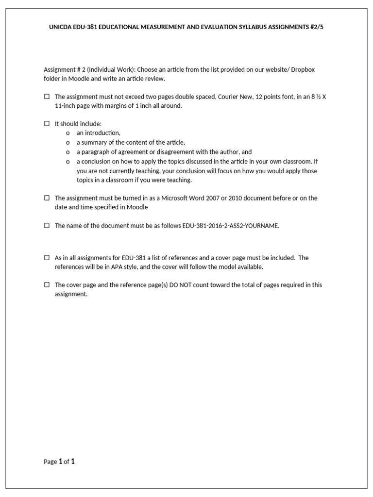 EDU-381 Article Review Assignment Guide | PDF