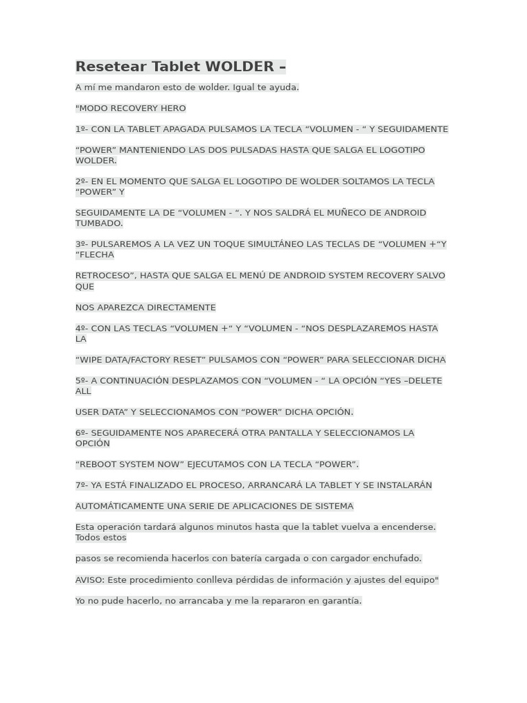 Resetear Tablet WOLDER | PDF