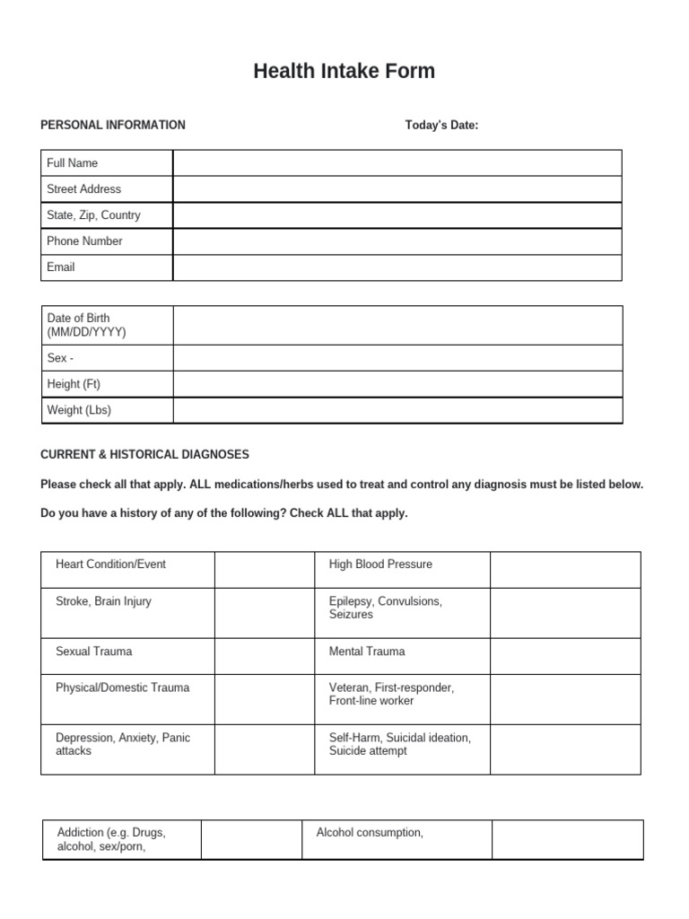 Health Intake Form | PDF | Diseases And Disorders | Medicine