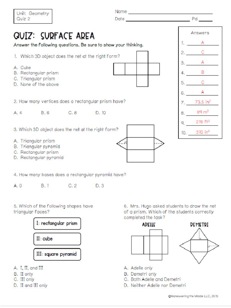 Surface Area Quiz - Answers | PDF