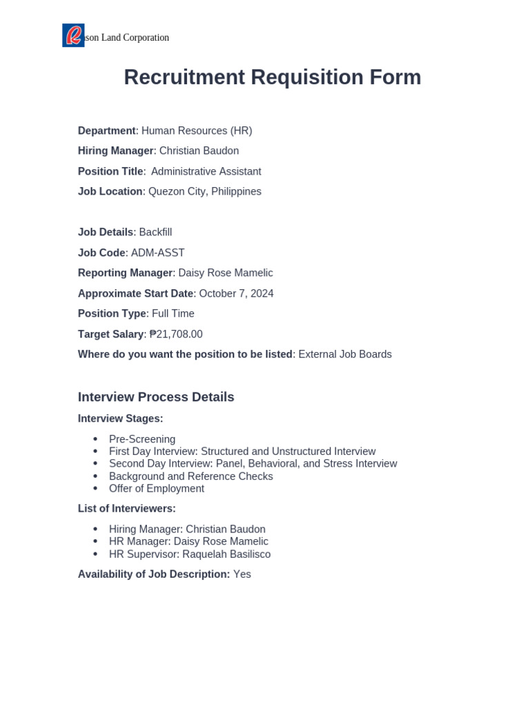 Recruitment Requisition Form (Administrative Assistant) | PDF
