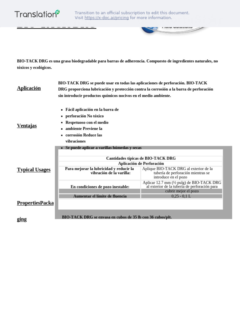 Grasa Biodegradable BIO-TACK DRG | PDF | Materiales | Química