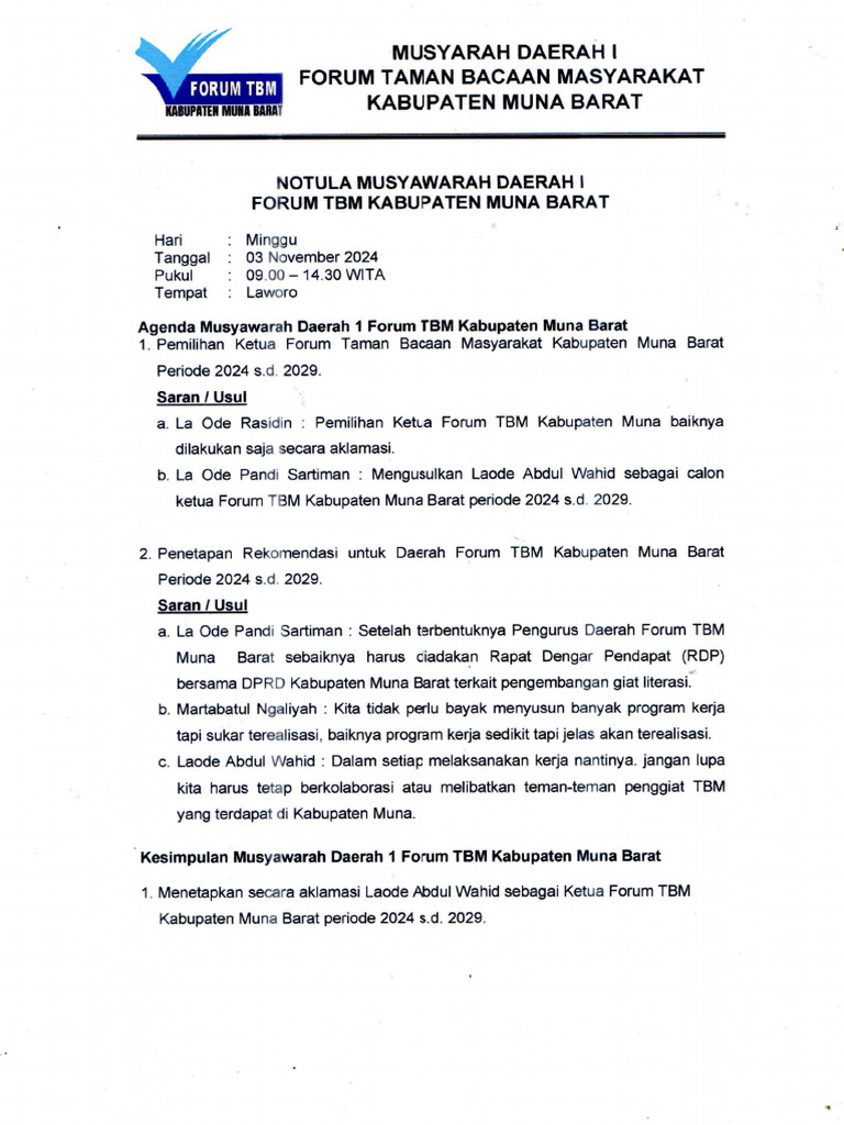 Notula Musda Forum TBM Muna Barat | PDF