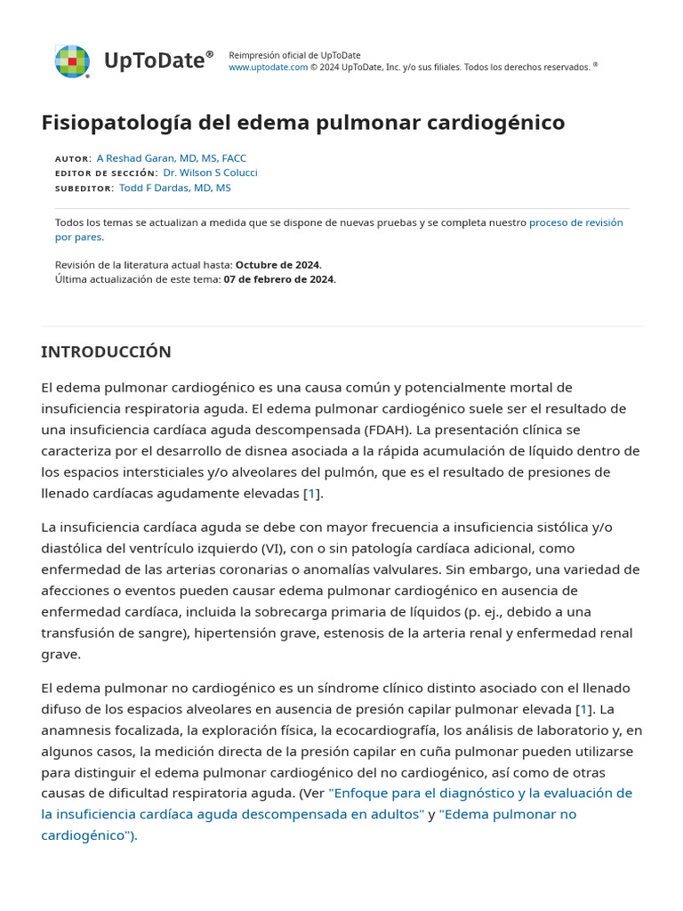 Fisiopatología Del Edema Pulmonar Cardiogénico - UpToDate | PDF ...