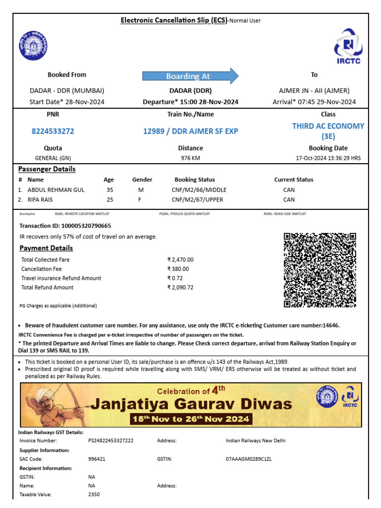 Cancel Ticket Ajmr To Mumbai | PDF | Identity Document | Payments