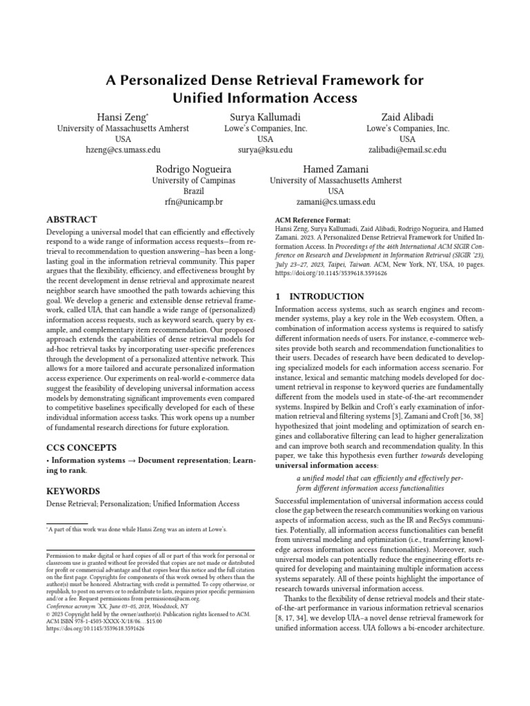 5 - A Personalized Dense Retrieval Framework for Unified Information Access | PDF | Information ...