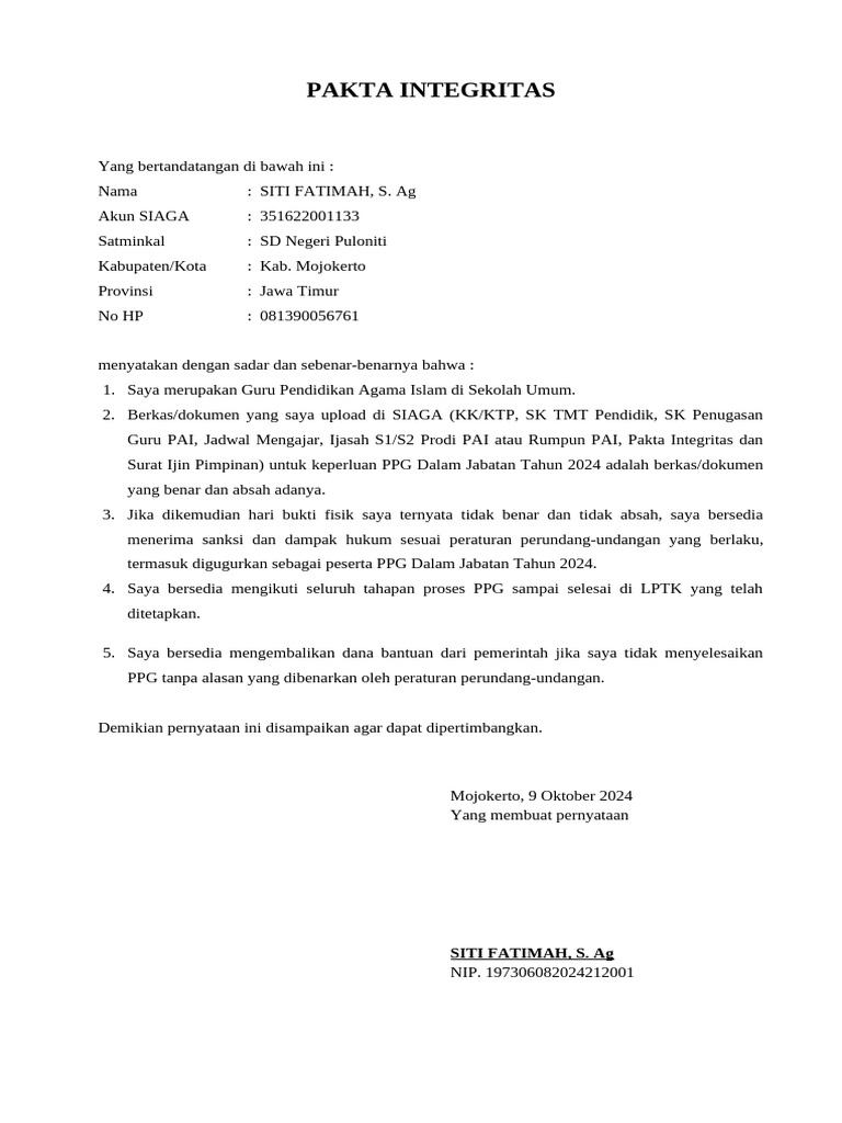 Pakta Integritas-Batch2-2024 - Bu Fat | PDF