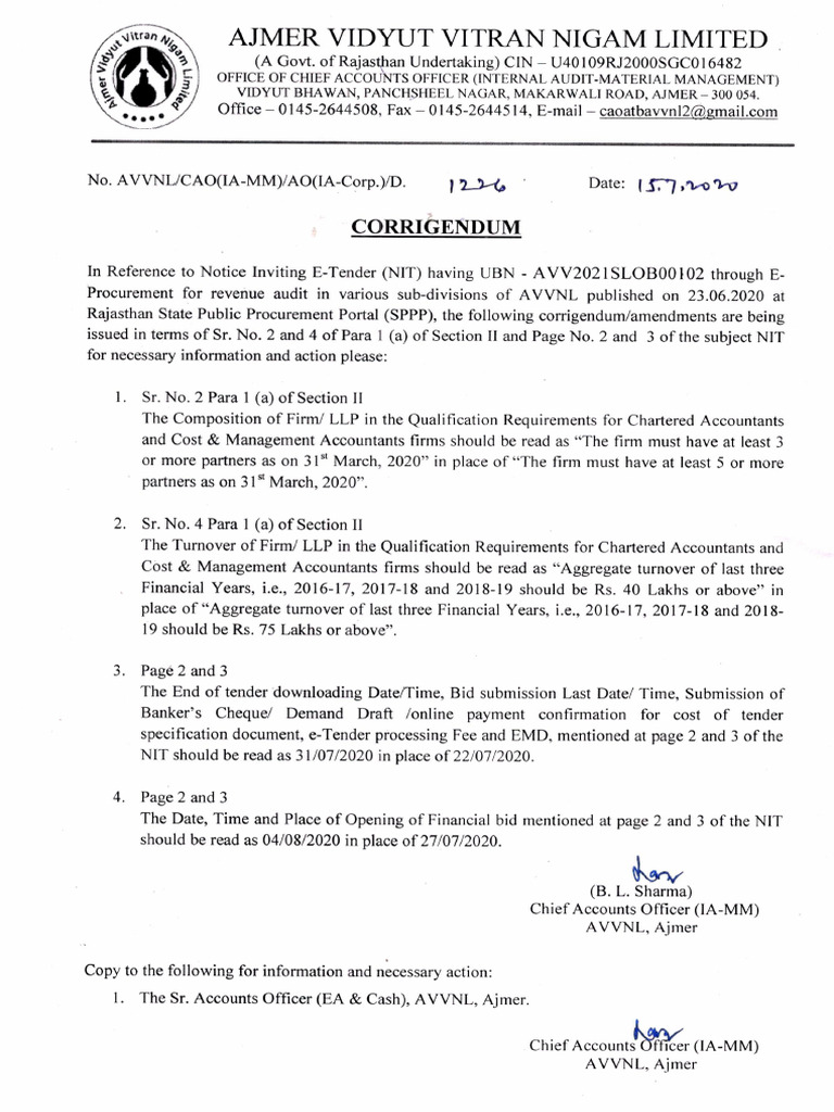 Ajmer Vidyut Vitran Nigam Limited - 2172020122042901 | PDF | Offer And ...