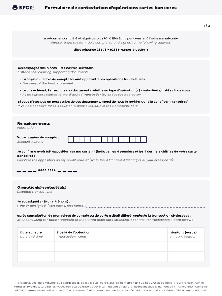 Formulaire de contestation d'opérations cartes bancaires | PDF
