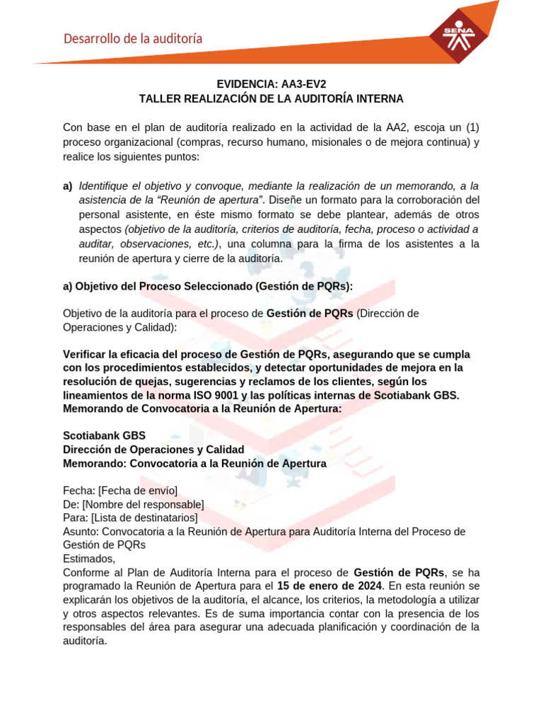 Formato Evidencia AA3 Ev2 Taller | PDF | Auditoría | Sistema de manejo de calidad