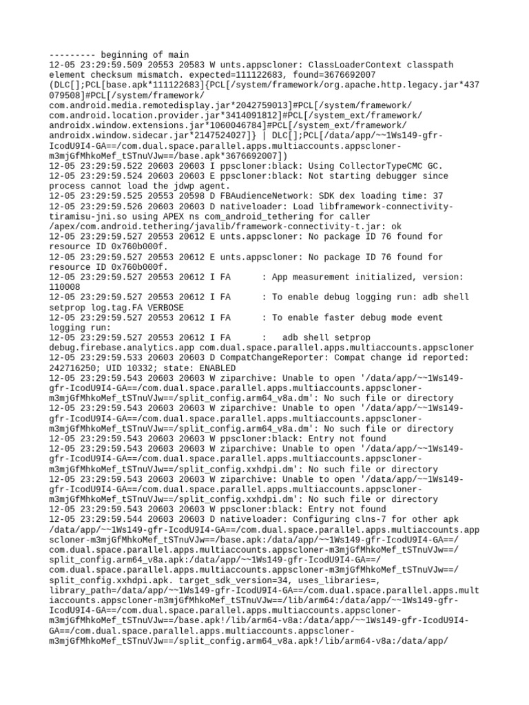 Com - Dual.space - Parallel.apps - Multiaccounts.appscloner Logcat | PDF | Android (Operating ...