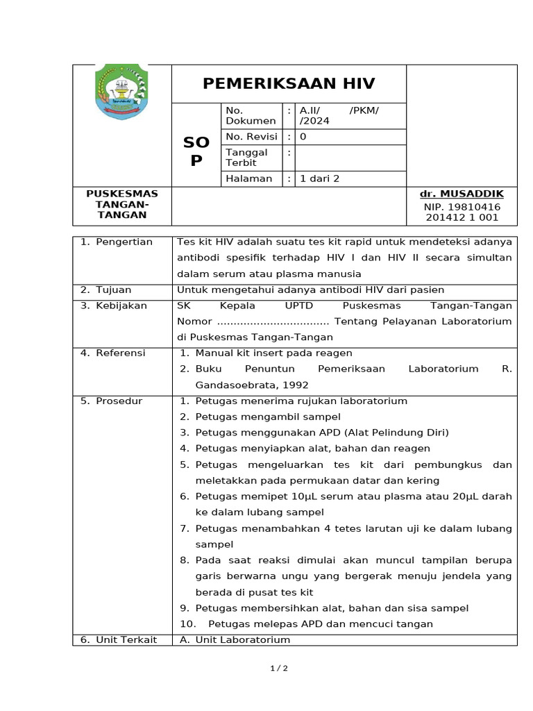 Sop Pemeriksaan Hiv | PDF