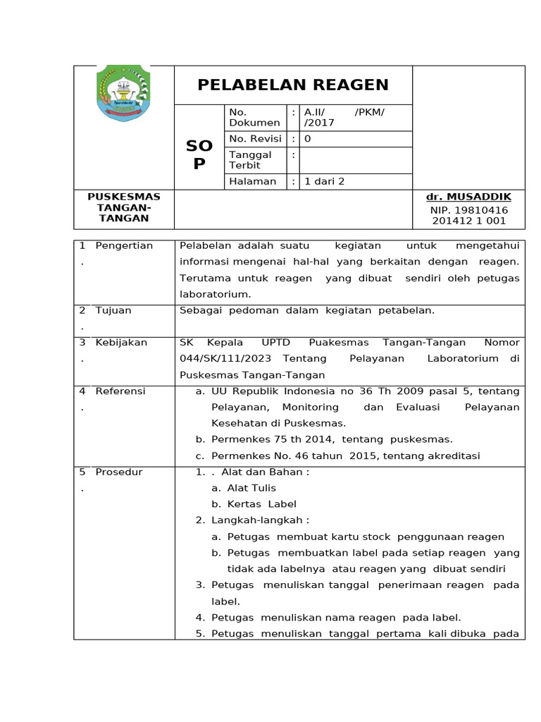 SPO PELABELAN REAGENSIA_EDIT | PDF