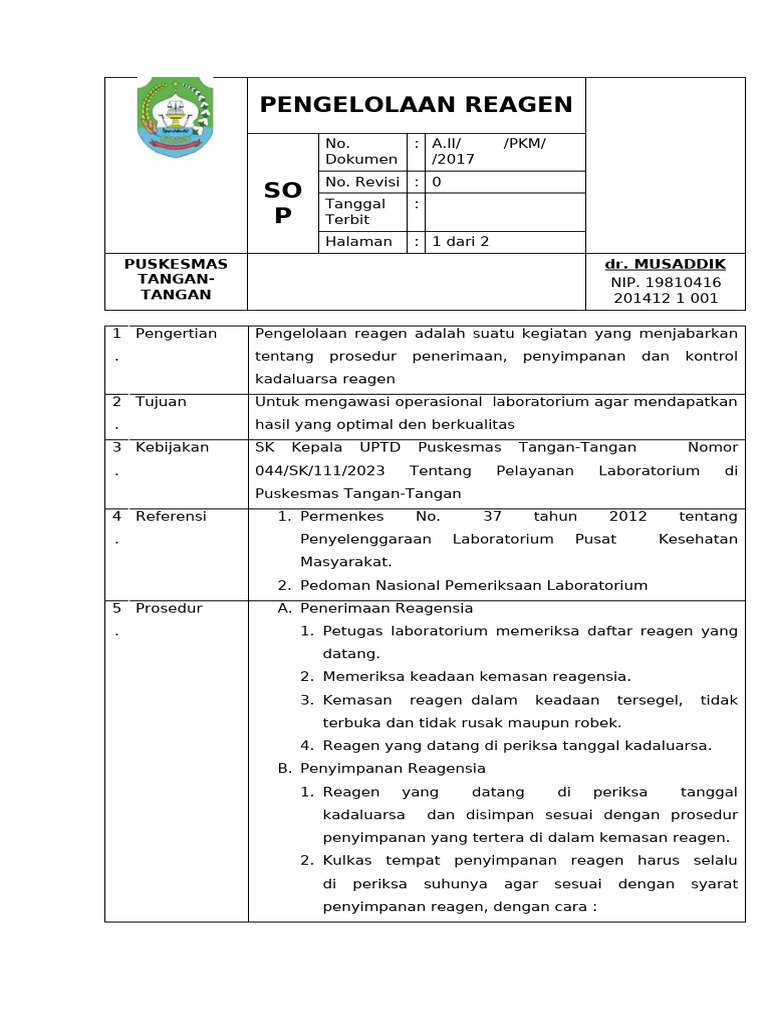 Spo Pengelolaan Reagen - Edit | PDF