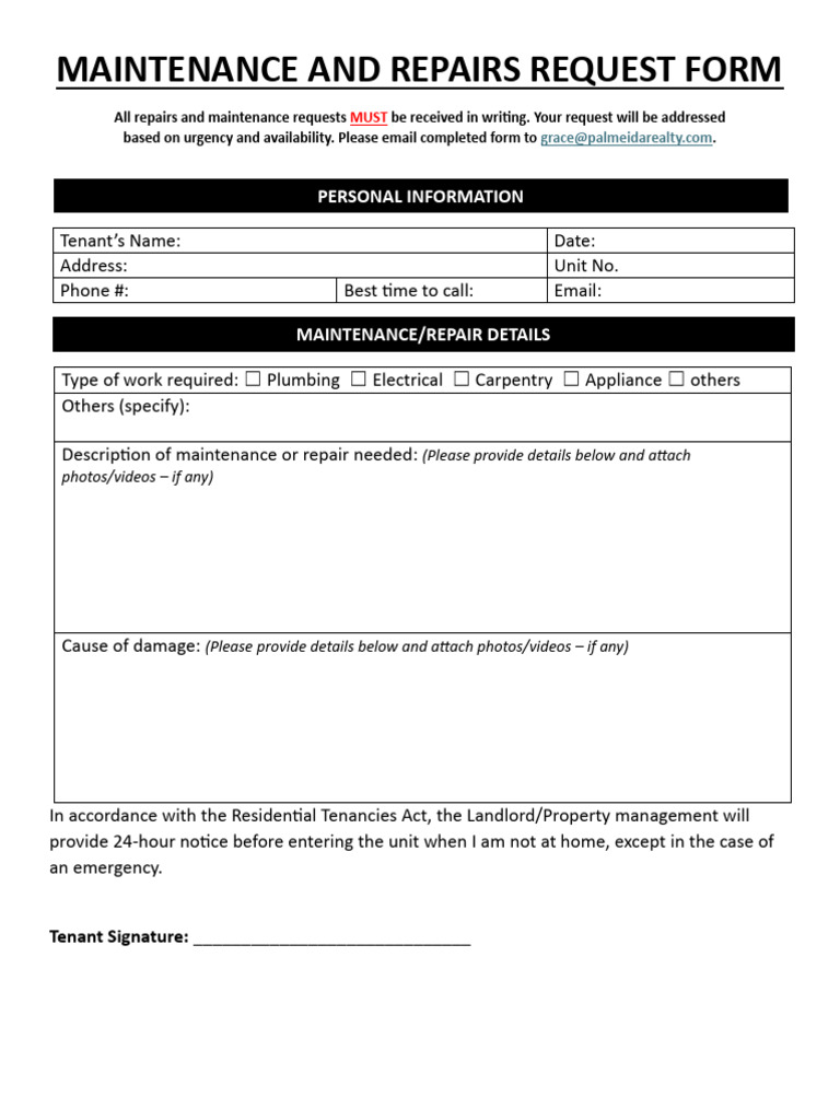 Maintenance and Repairs Request Form | PDF | Leasehold Estate | Real ...