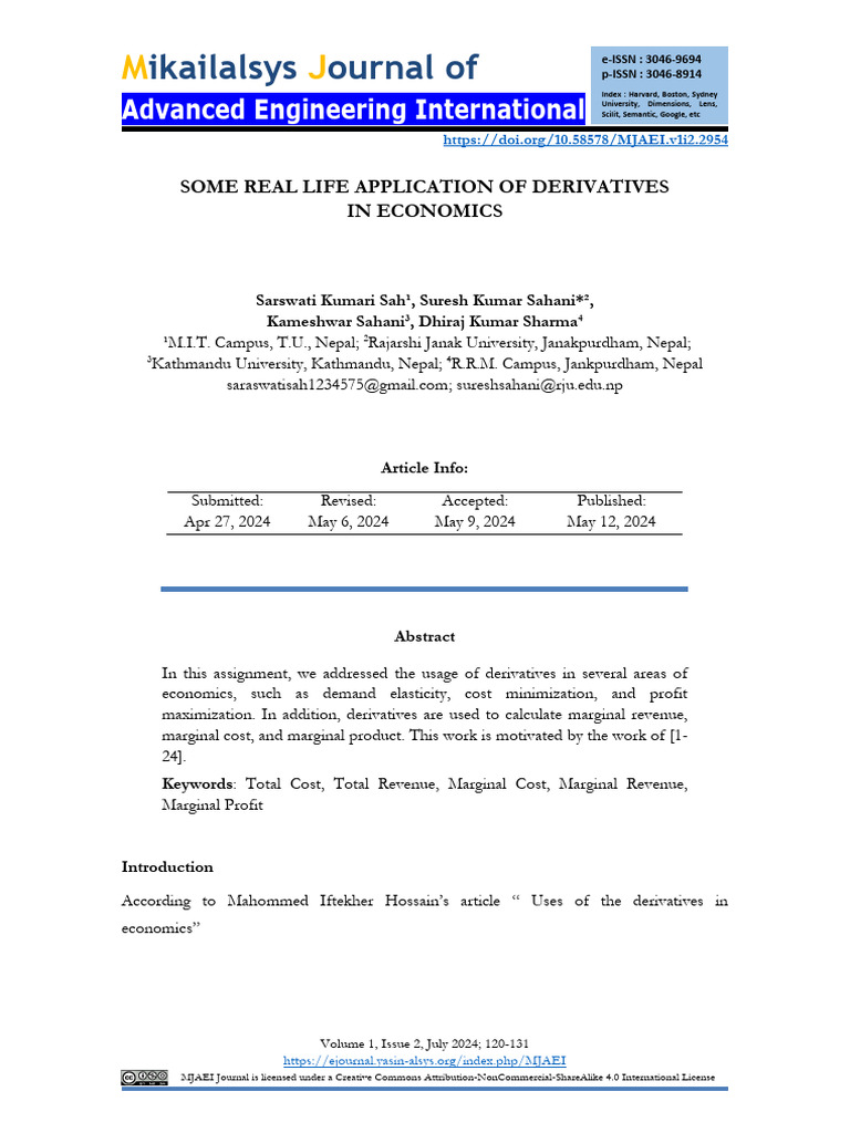 Some Real Life Application of Derivatives in Econo | PDF | Elasticity (Economics) | Phillips Curve