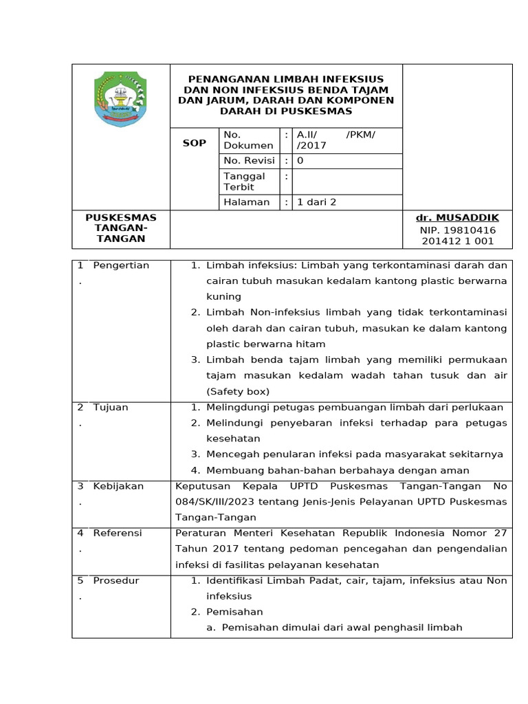 SOP Penanganan Limbah Infeksius Dan Non Infeksius - EDIT | PDF