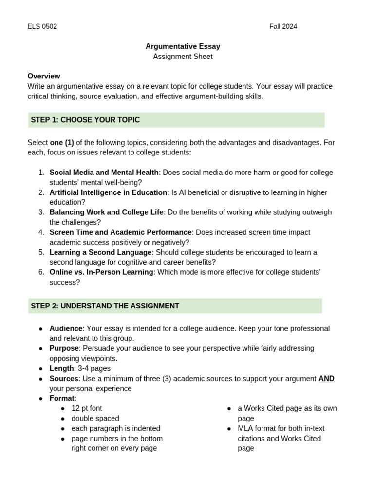 ELS 0502 - Argumentative Essay - Assignment Sheet | PDF | Essays | Citation