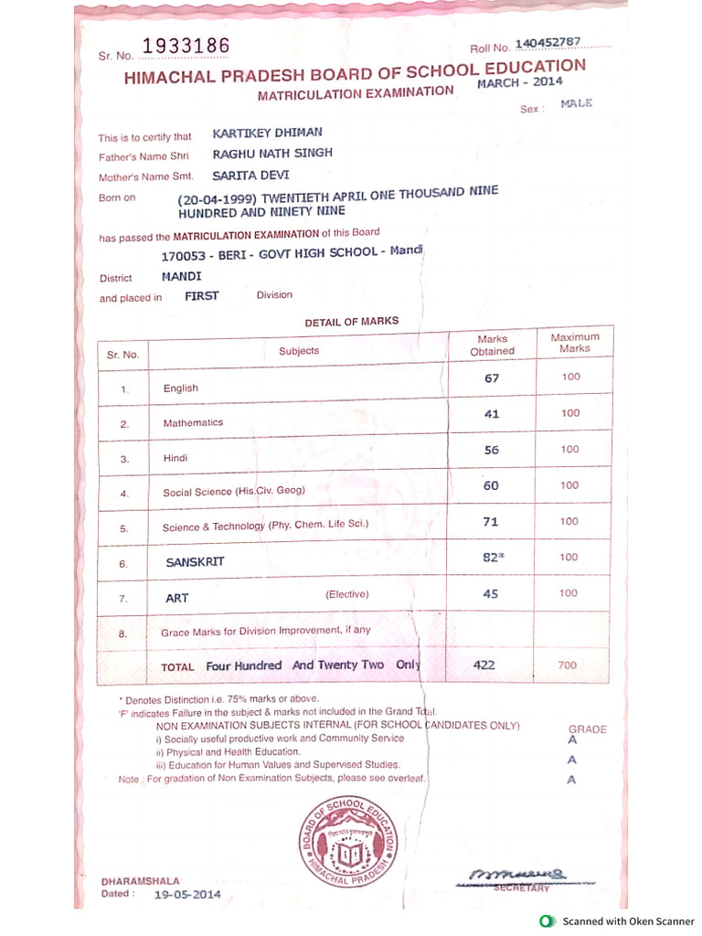 10th Marksheet | PDF