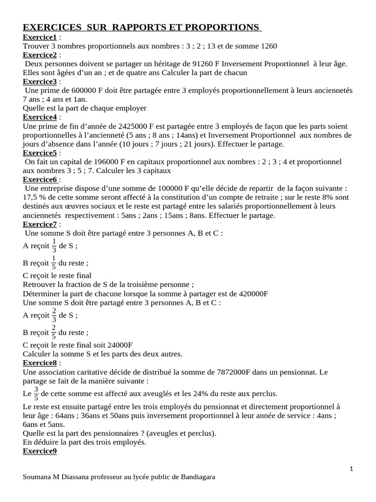Exercices sur Rapports et Proportions | PDF