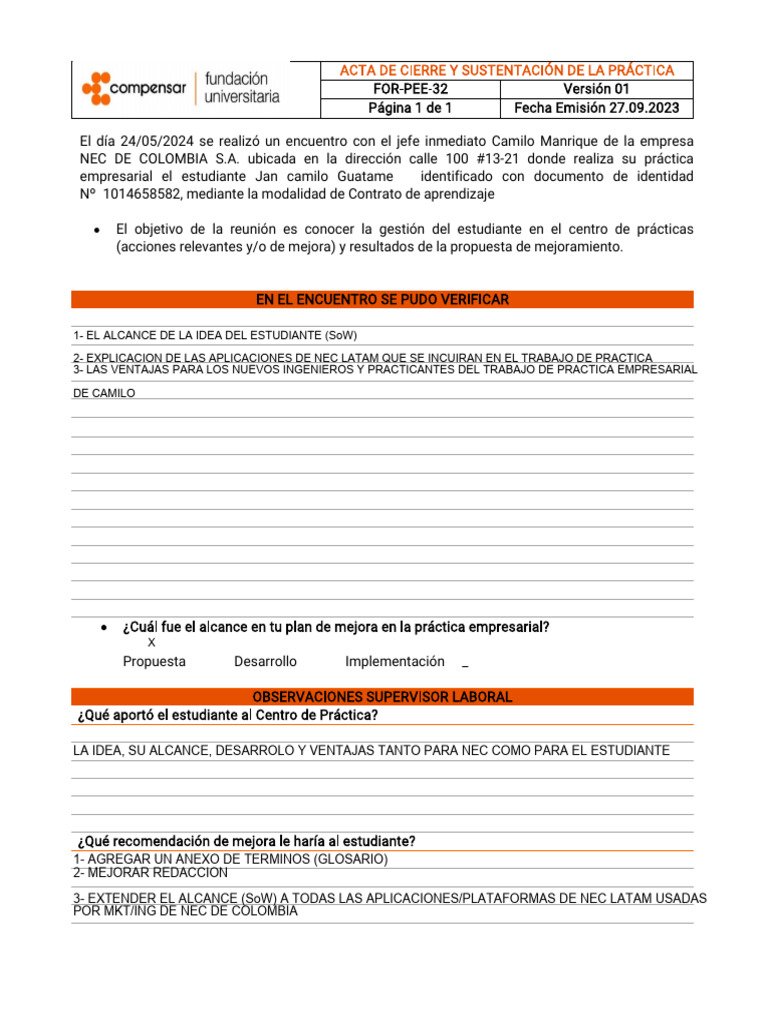 Formulario Fin de Prácticas | PDF