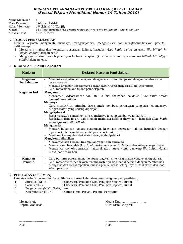 RPP-Akidah-Akhlak-Kelas-5-Semester-1-Mutiara Anisa | PDF