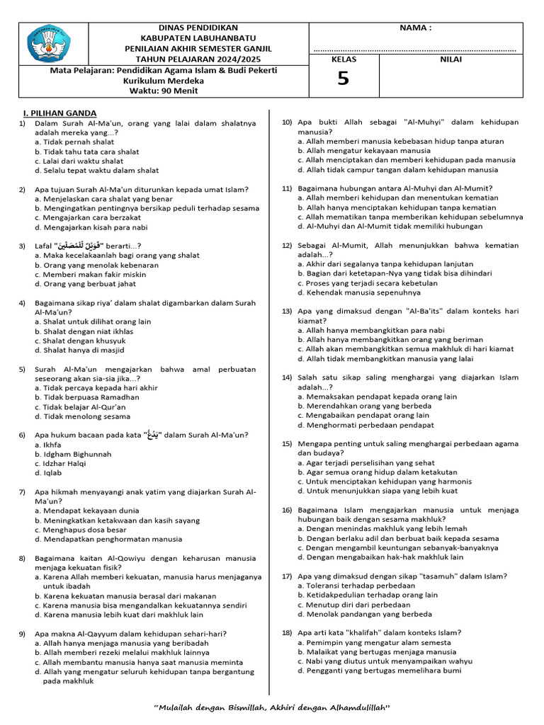 Soal Pai Kelas 5 Kurikulum Merdeka II | PDF