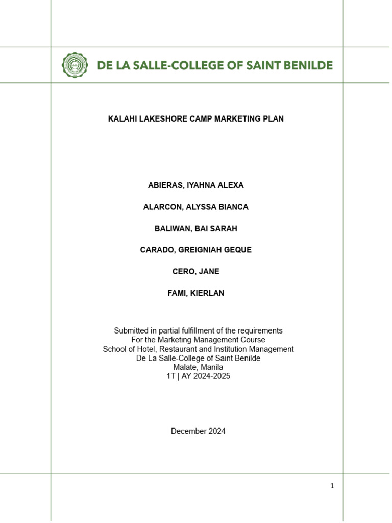 The Marketing Plan For Kalahi Lakeshore Camp Document (GROUP 5 ...