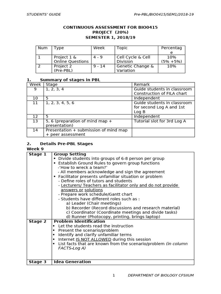 BIO0415 PrePBL Sem1 20118 19 (Students Guide) | PDF | Learning ...