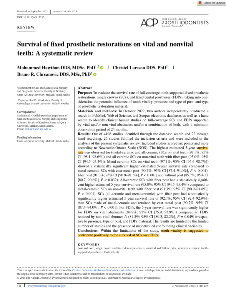 Survival of Fixed Prosthetic Restorations On Vital and Nonvital Teeth ...
