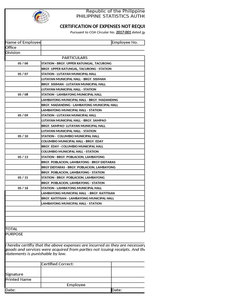 CERT OF EXP NOT REQUIRING RECEIPTS CERR BLANK 3 | PDF