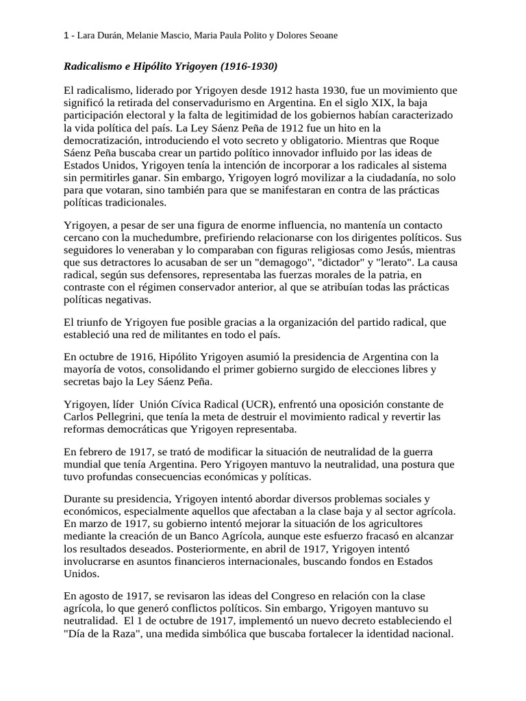 Radicalismo e Hipólito Yrigoyen (1916-1930) | PDF | Argentina | Gobierno