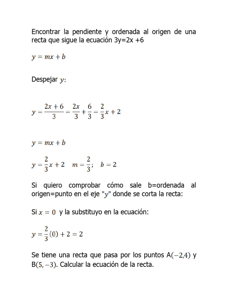 Recta Pendiente Ordenada Al Origen | PDF