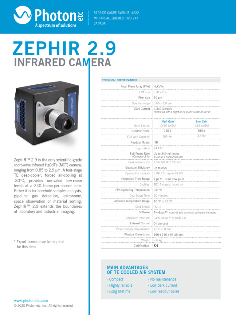 Zephir 29 Swir Camera 850 2900 NM | PDF | Infrared | Optics